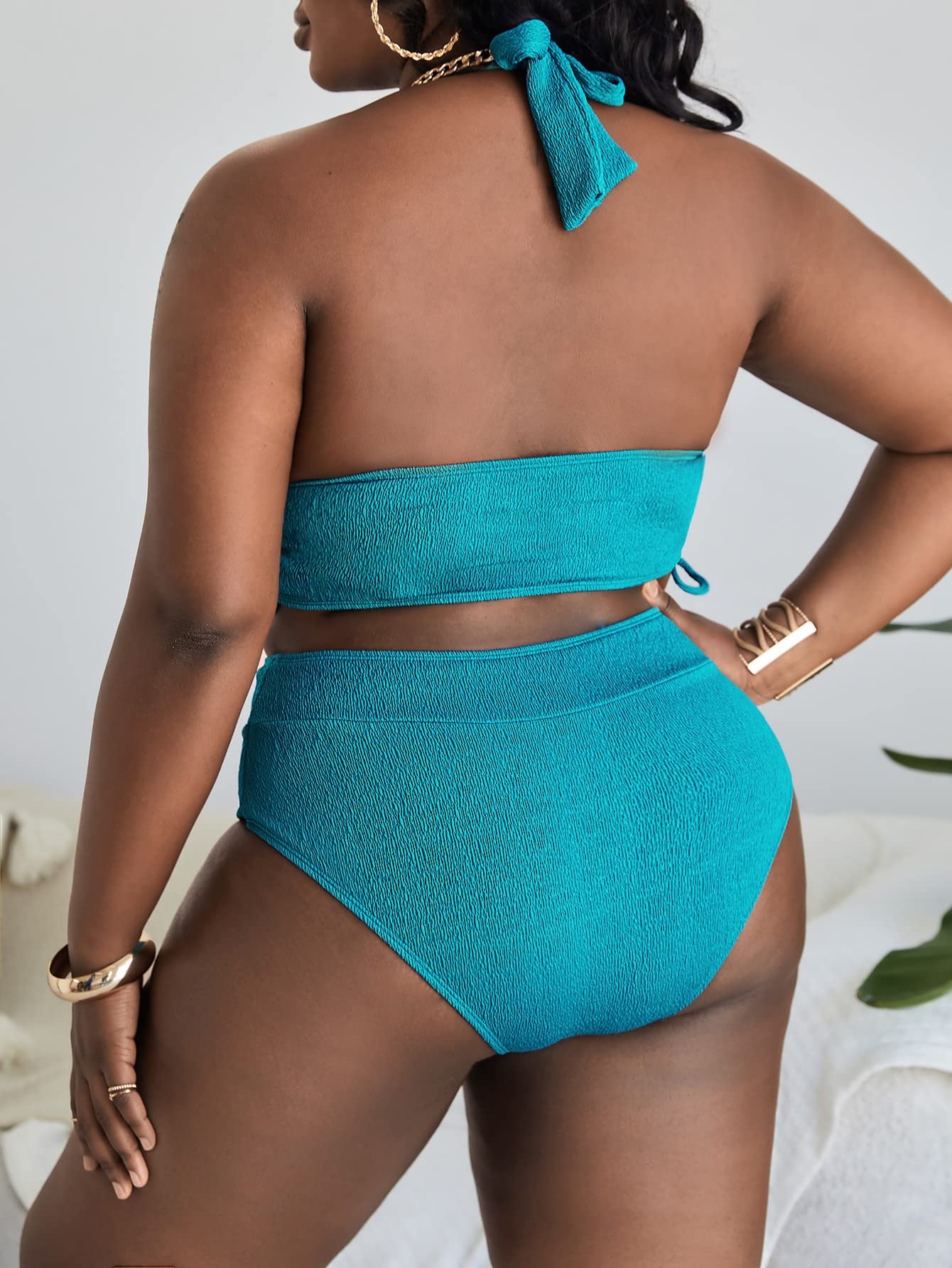 Floerns Women's Plus Size High Waist Drawstring Side Halter Two Piece Bikini Set Cadet Blue 2XL