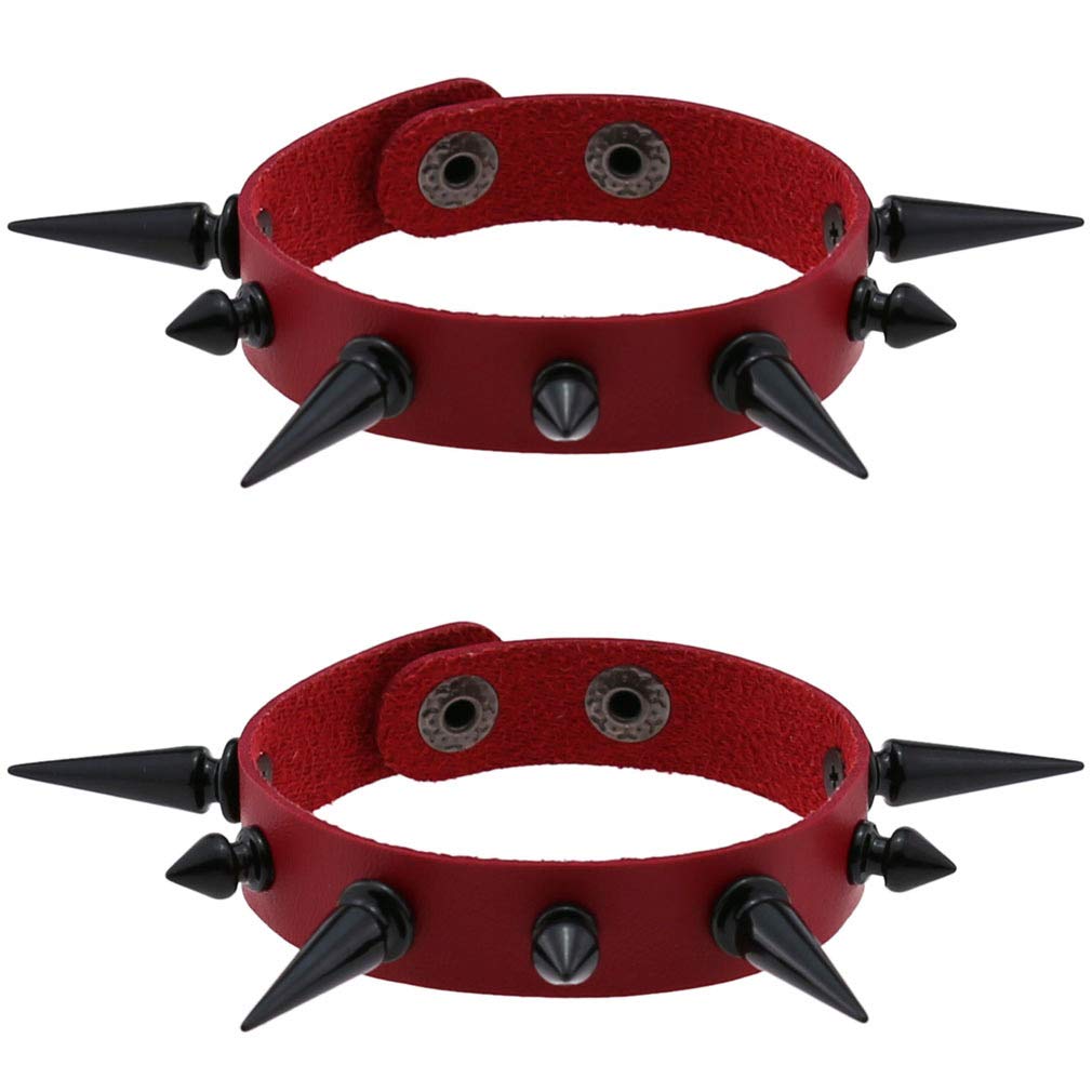 FM FM42 Women Red PU Simulated Leather Black-tone Long and Short Rivets Spike Spiked Punk Gothic Adjustable Bracelet, Pack of 2