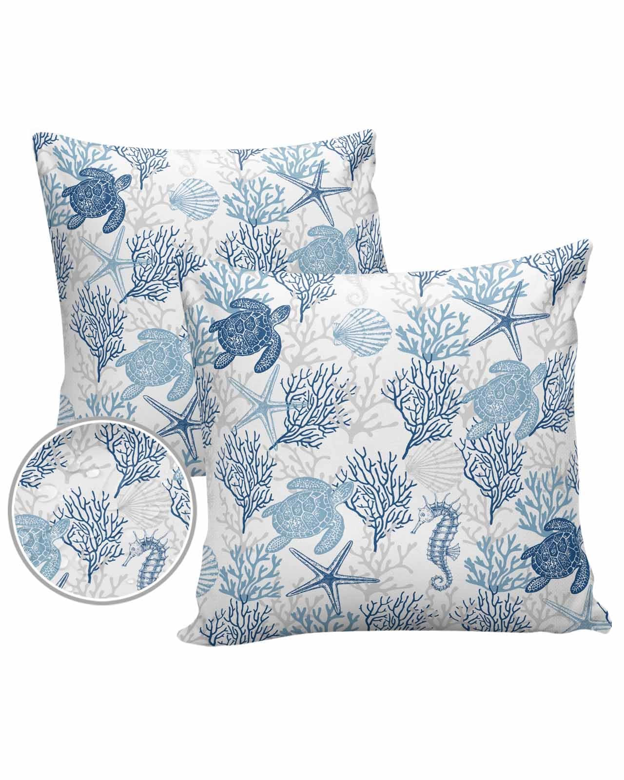 Sea Turtle Outdoor Waterproof Pillow Covers,Nautical Blue Coral Decorative Throw Pillow Covers,Starfish Shell Seahorse Cushion Case for Patio Tent Bed Sofa Living Room Marine Life on White Pillowcase