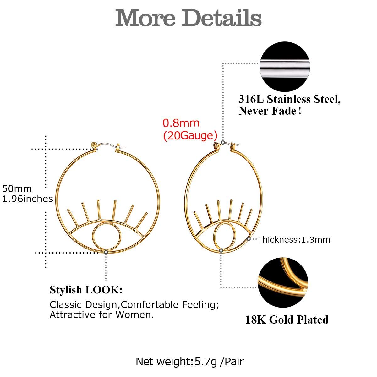 FOCALOOK Gold Eye Earrings for Women 18K Gold Plated Dangle Abstract Evil Eye Hoop Earrings