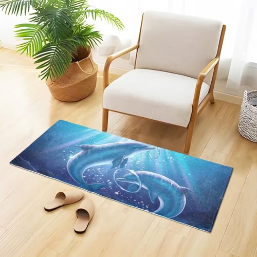 Fluffy Floor Carpet-Dolphin Blue Ocean Summer,39x20in Front Door Mat Indoor Machine Washable Carpet,Aesthetic Rug