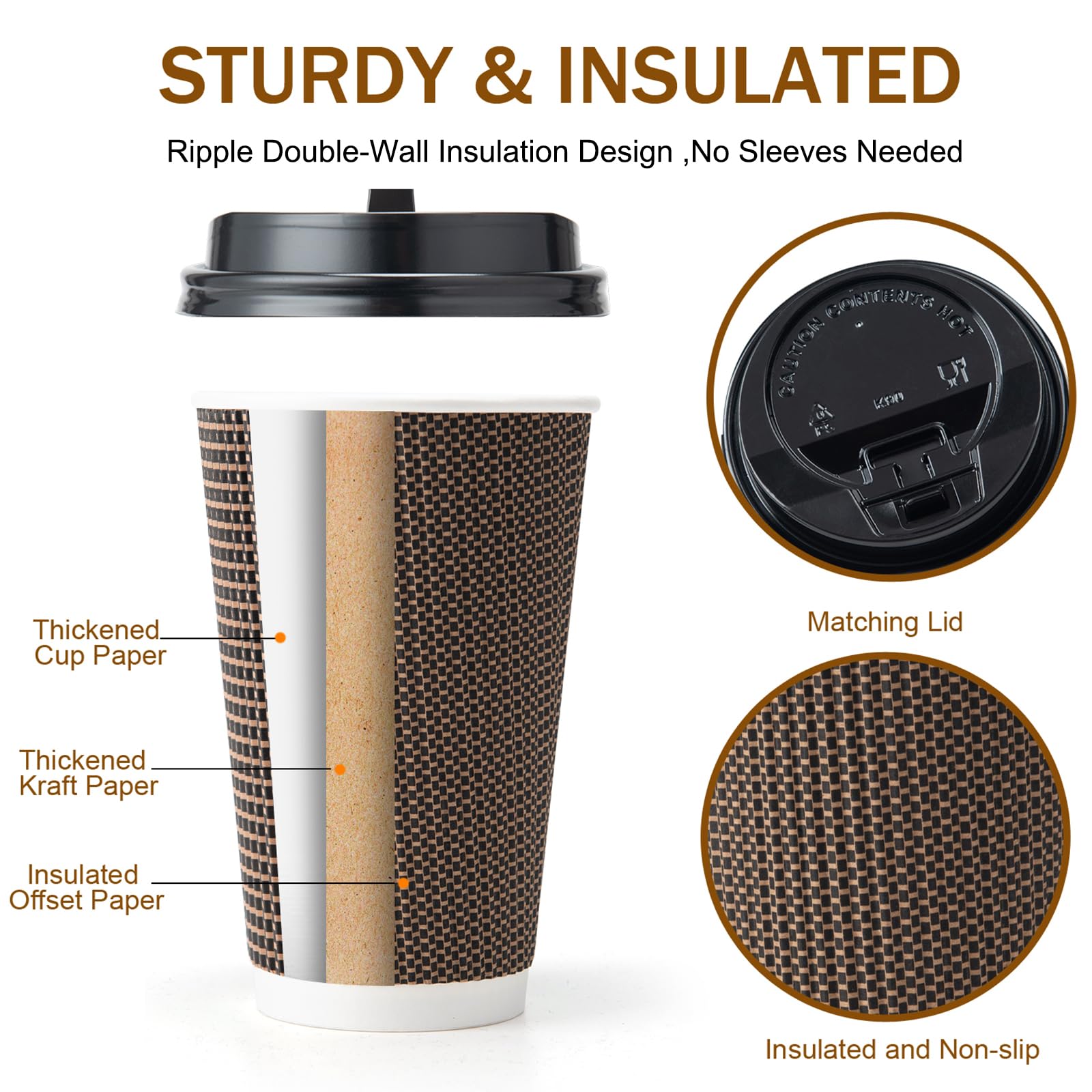 FIRSTLOVE 100 pack 16 oz Insulated Disposable Coffee Cups with Lids, Ripple Thickened Paper Three Layer To Go Coffee Cups,Perfect for Hot Coffee Tea Chocolate Drinks, Cafe