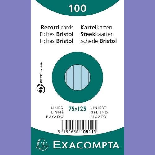 Exacompta - Ref 10811X - Bristol Lined Record Cards (Pack of 100) - 75 x 125mm in Size, 205gsm Card, Compatible with Printers - Suitable for Exam Revision & Notes - Blue