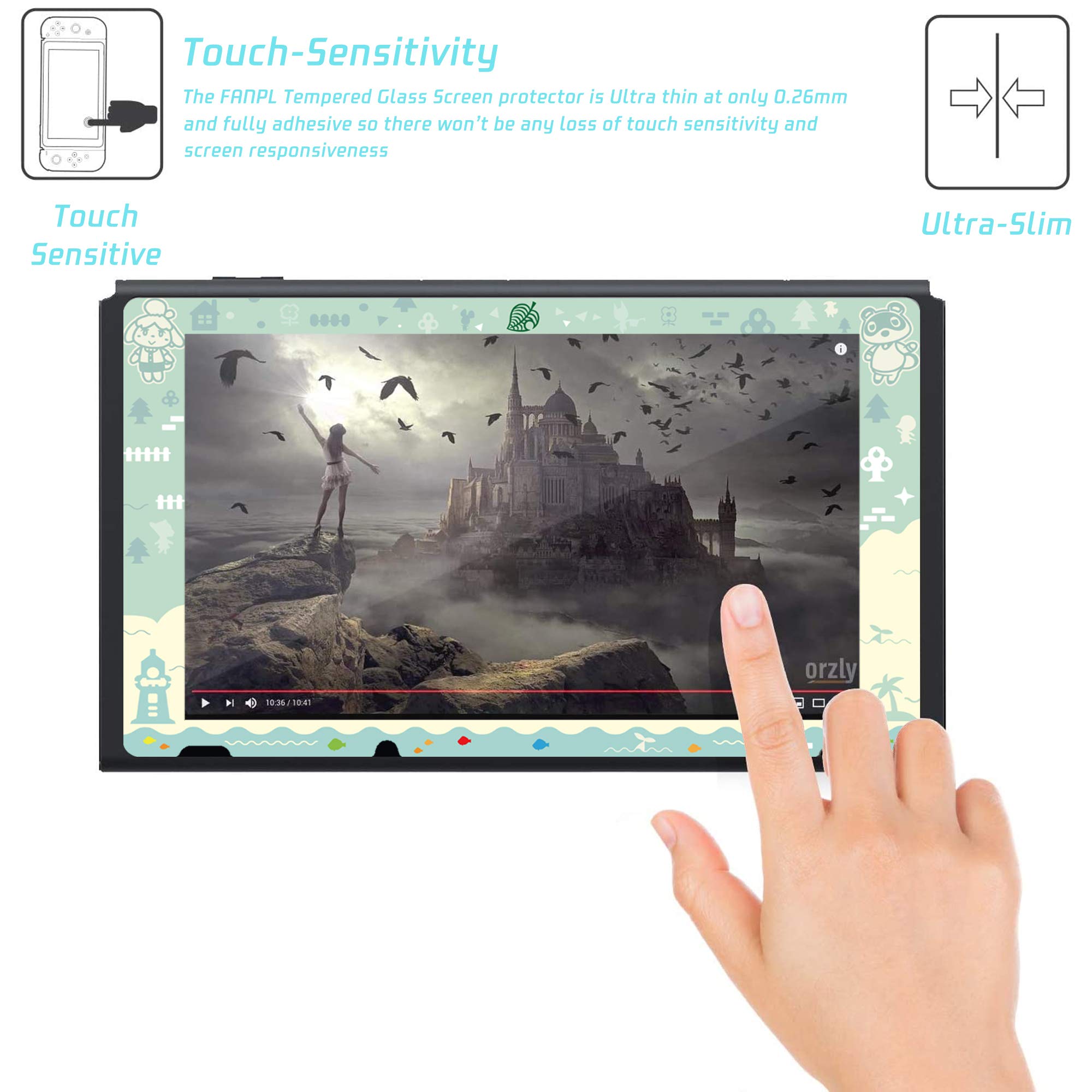 FANPL for Animal Crossing Design Border Tempered Glass Screen Protector for Nintendo Switch, Transparent HD Clear Protector Film for Switch, [Anti-Scratch, Anti-Fingerprint, Shatterproof, Bubble-Free]