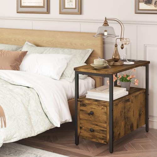 Fixwal Side Table with Charging Station, Narrow End Table with 2 Wooden Drawers, Nightstand Sofa Table for Small Spaces, Living Room, Bedroom, Rustic Brown