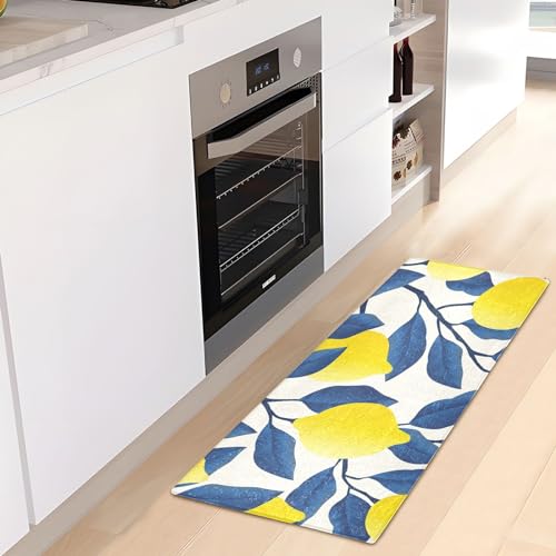 Fluffy Floor Carpet-Tropical Blue Leaf Yellow Lemons,39x20in Front Door Mat Indoor Machine Washable Carpet,Aesthetic Rug