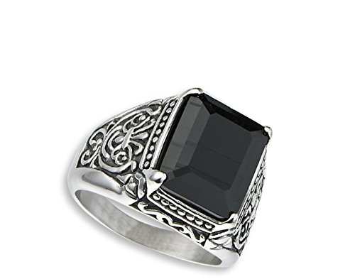 Fleur De Lis Filigree Simulated Black Onyx Large Ring New Stainless Steel Band Size 8