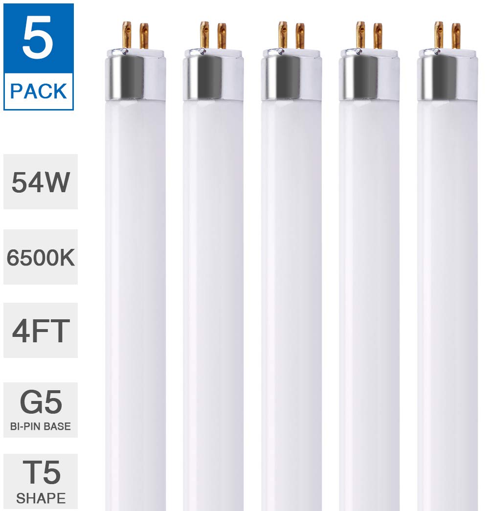 F54T5/865/HO Fluorescent Tube Light Bulb, 46 Inch, 54W, 6500K Daylight, 4200 Lumens, High Output, G5 Bi-Pin Base, 4FT T5 Grow Light Bulbs - 5 Pack