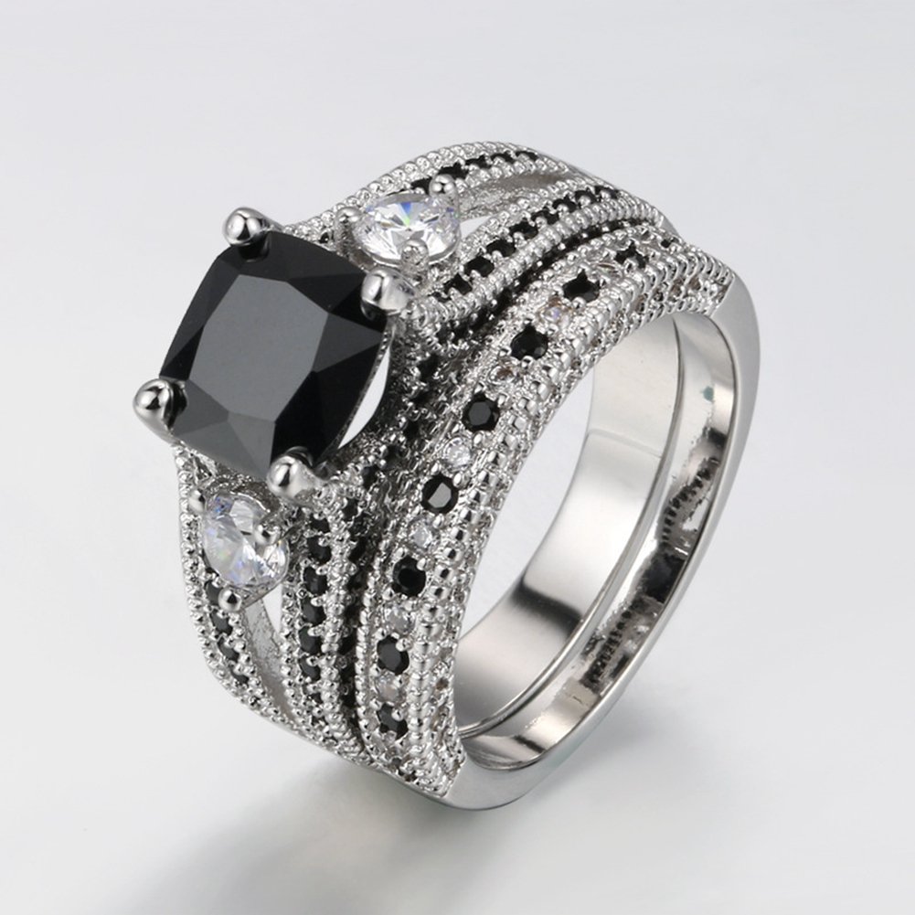 FENDINA Womens Luxurious 18K White Gold Plated Wedding Engagement Rings Princess Cut 2.5ct Created Black Diamond Solitaire Anniversary Promise Rings Set, 9