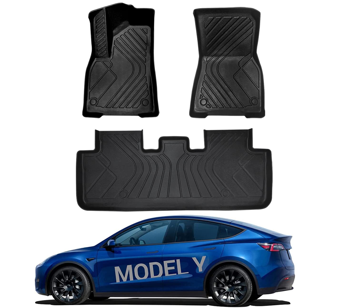 Fly5D 3PCS Tesla Model Y Floor Mats, All-weather Waterproof Non-slip Floor Mat, Custom Fit Floor Liners for Tesla Model Y 2019-2023 (1st & 2nd Row)