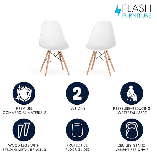 Flash Furniture Elon Series Plastic Modern Dining Chairs with Wooden Legs, Mid-Century Side Chairs for Dining Rooms and Offices, Set of 2, White
