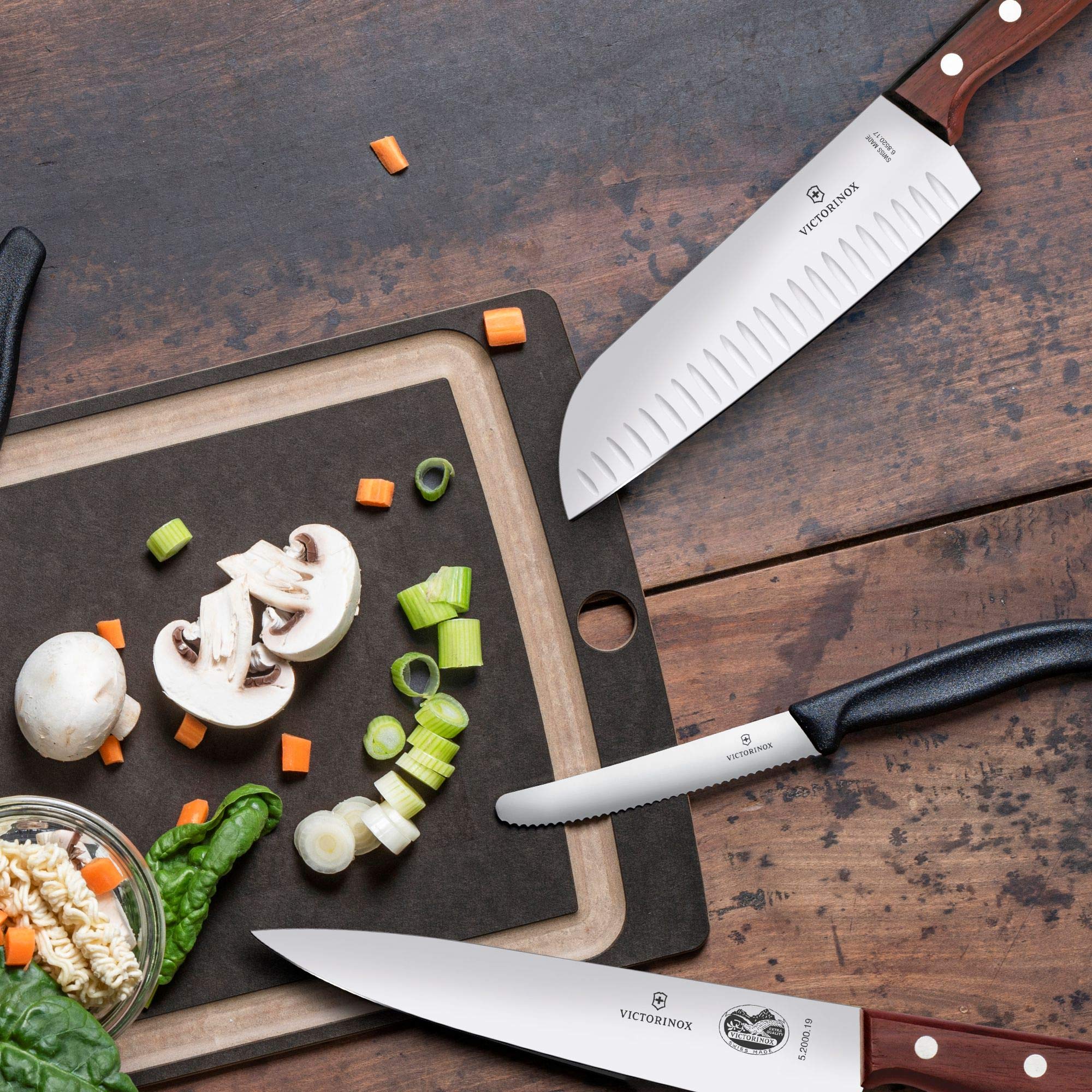 Victorinox 6.7-Inch Wood Santoku Knife with Fluted Edge