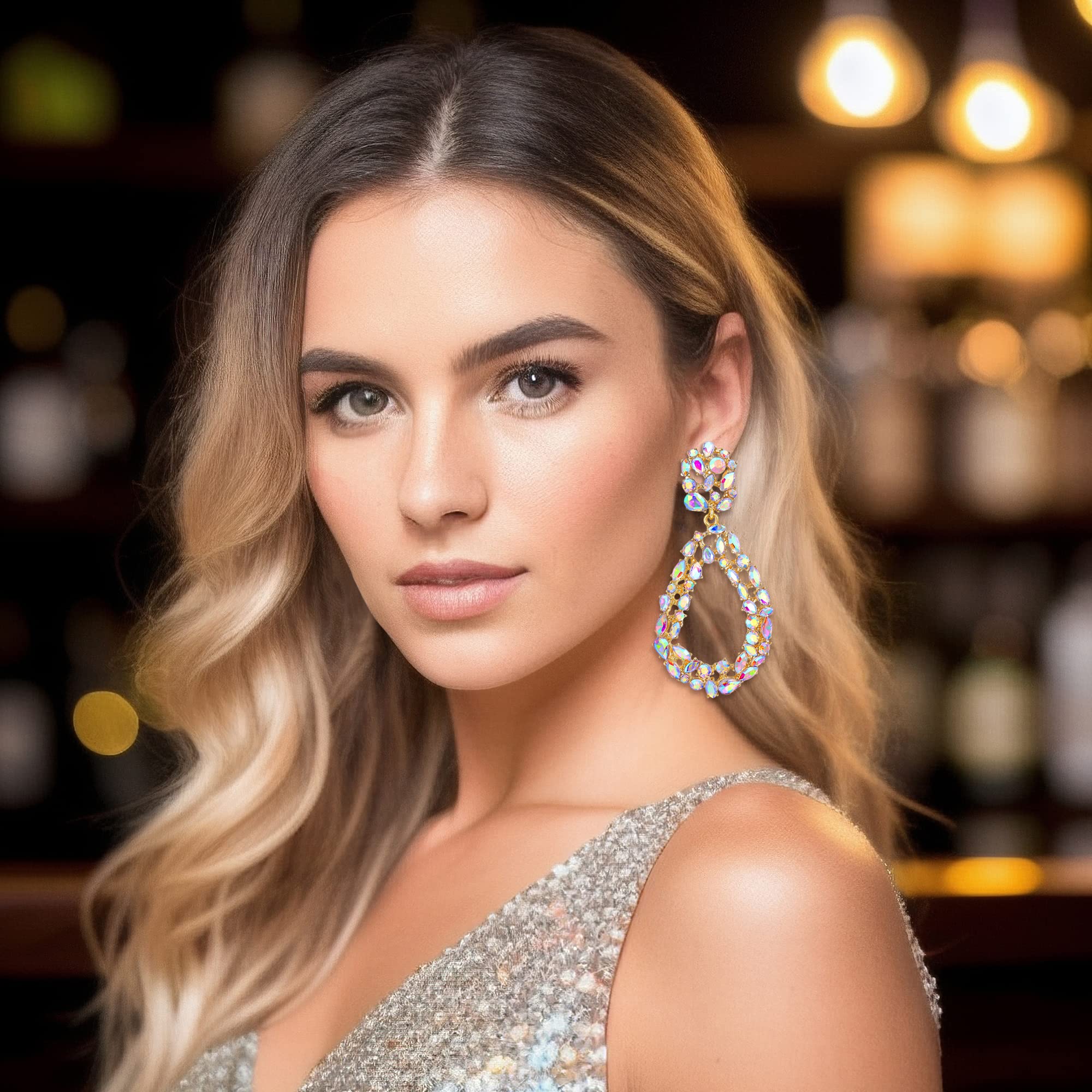 Flyonce Women's Crystal Open Hoop Oval Drop Pierced Dangle Earrings Iridescent Clear AB Gold-Tone