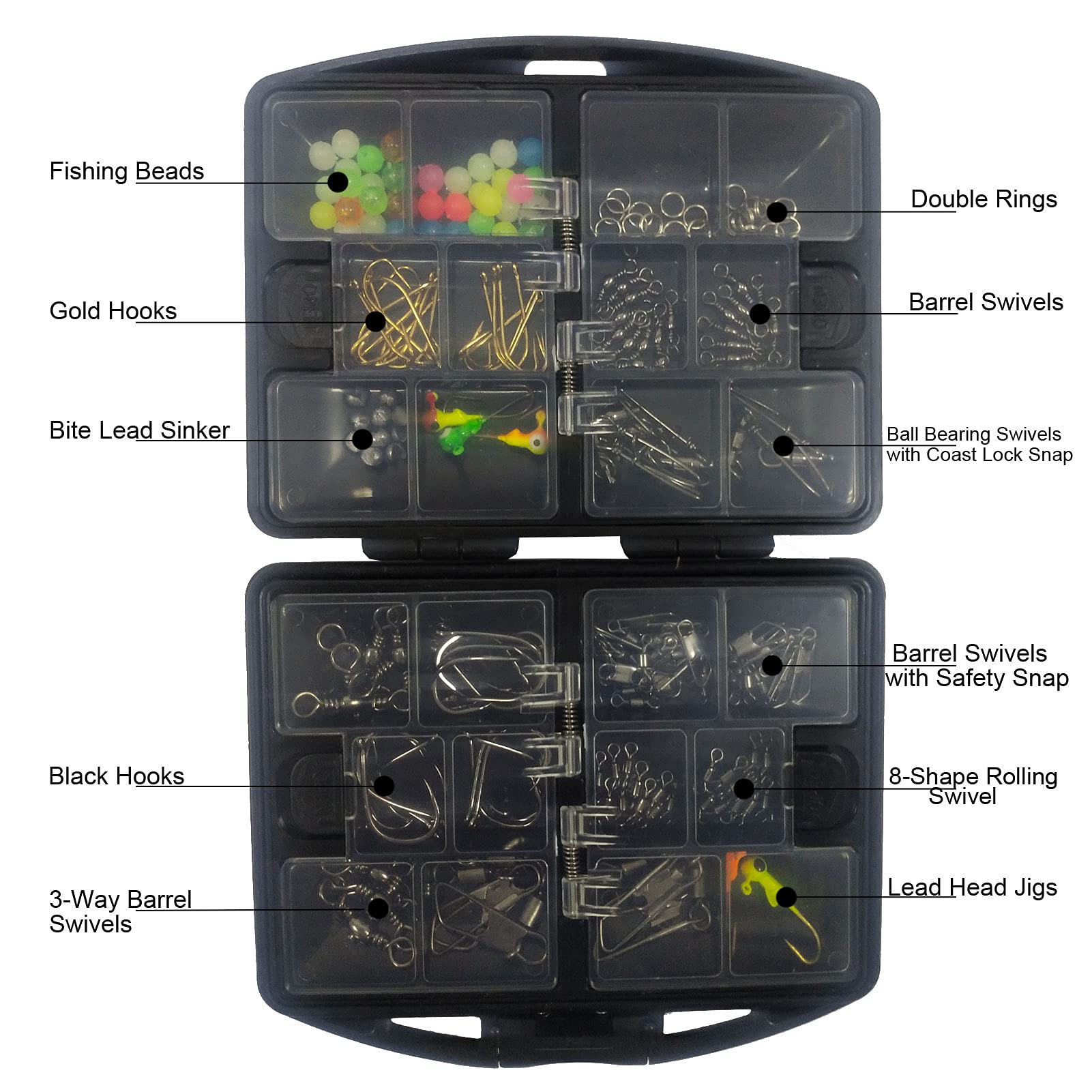 Fishing Terminal Tackle Box - Fishing Baitholder Hooks, Drop Shot Weights,Fishing Bobbers,Fishing Stoppers, Sinker Slides, Double Barrel Crimps,Three Way swivels,Fishing Beads