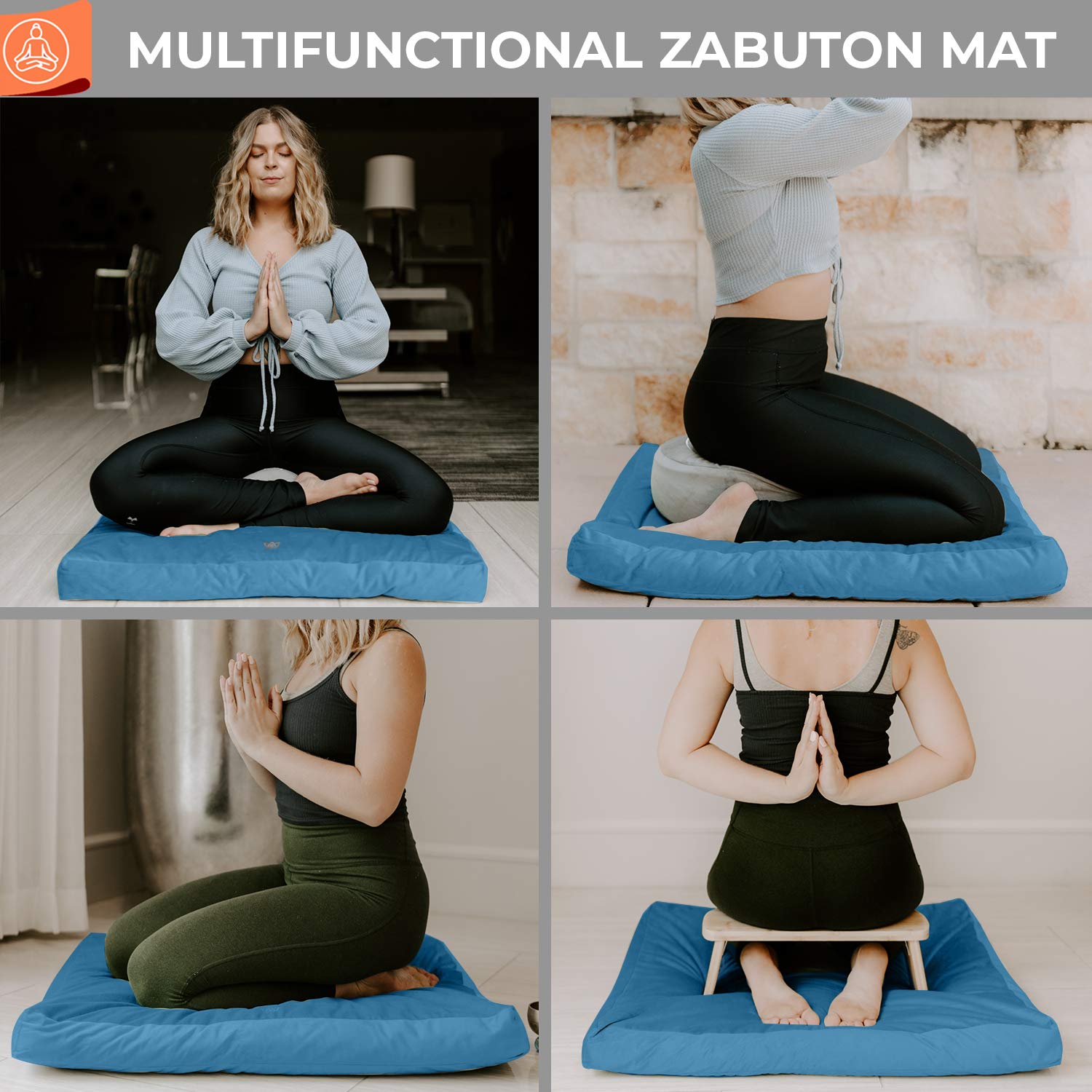 Florensi Yoga & Meditation Bundle | Blue Zabuton Meditation Mat & Yoga Wheel 3 Pack