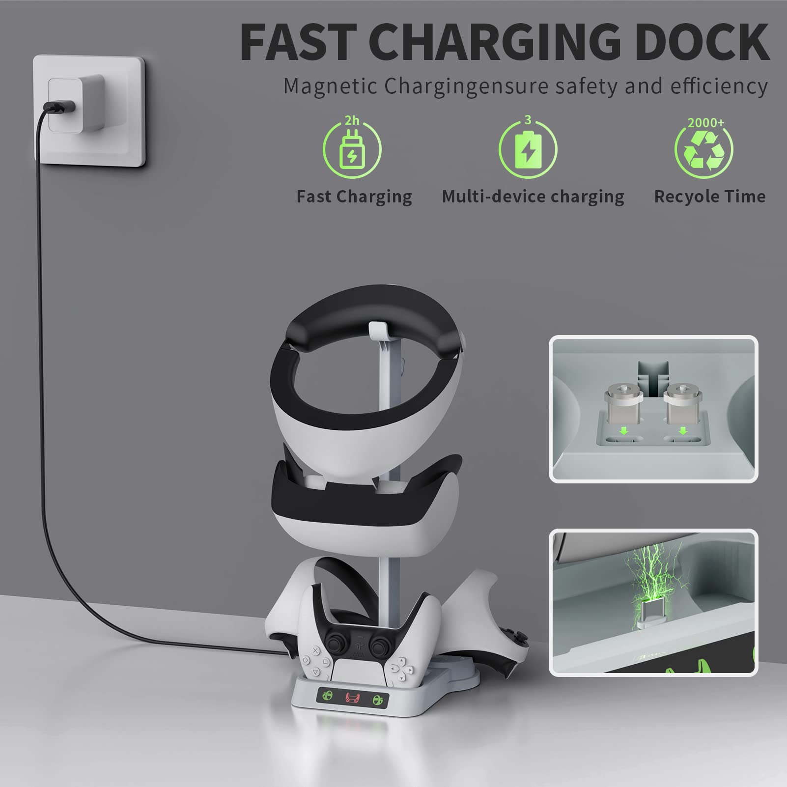 MVRPDXC Controller Charging Station for PSVR2 and PS5, Dual PlayStation VR2 Fast Charging Dock with LED Light, PS5 VR2 Headset Display Stand, PS VR2 Controller Mount with Magnetic Connector