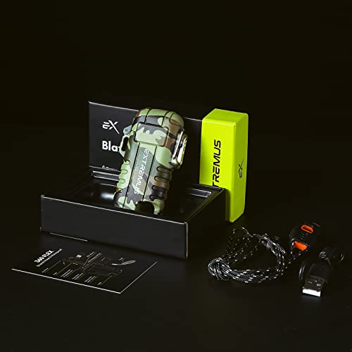 Extremus Blaze 360 Rechargeable Electric Lighters, Dual Arc Lighter, Windproof Plasma Lighter, Waterproof Lighter, Flameless Lighter with Whistle Lanyard for Camping (Army Green Flex)
