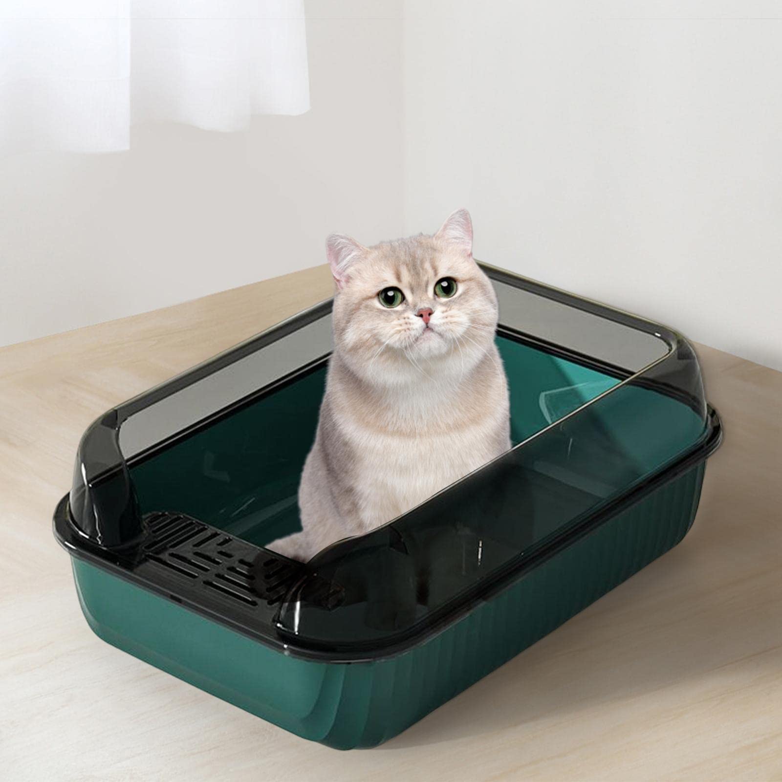 FAKEME Cat Litter Box,Cat Toilet,Tall Spray Shield, Large Detachable Sturdy High Sided Easy to Clean Kitty Litter Pan Cat Litter Tray Kitty, Green