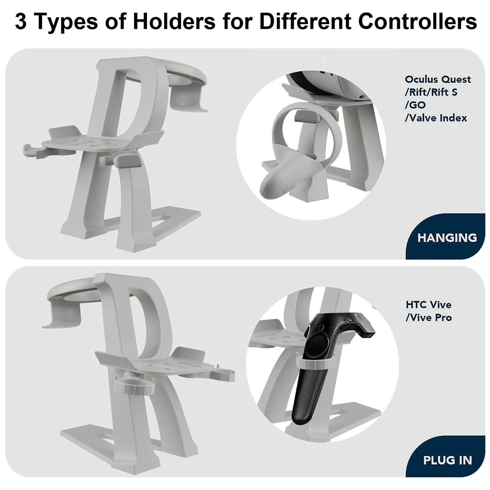 Esimen VR Headset Stand and Controller Holder for Oculus Quest 2/Rift S/HTC Vive/Vive Pro/Elite/Valve Index/HP Reverb G2, Controller Holder for Oculus Touch/Valve Knuckles/Vive (White)