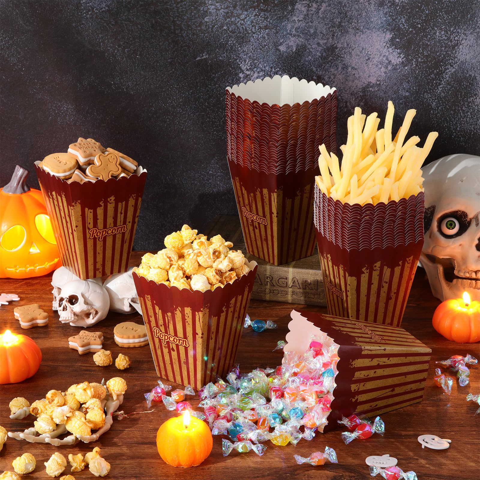 MotiMind 100 pcs Popcorn Boxes for Movie Night Popcorn Bags Popcorn Containers Creepy Carnival Decor Circus Snack Boxes Candy Cookie Container for Movie Night Halloween Birthday Party Supplies