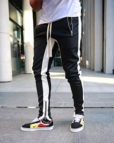 FLYFIREFLY Men's Gym Sport Pants Hip Hop Slim Fit Track Pants Workout Running Athletic Jogger Bottom Black White