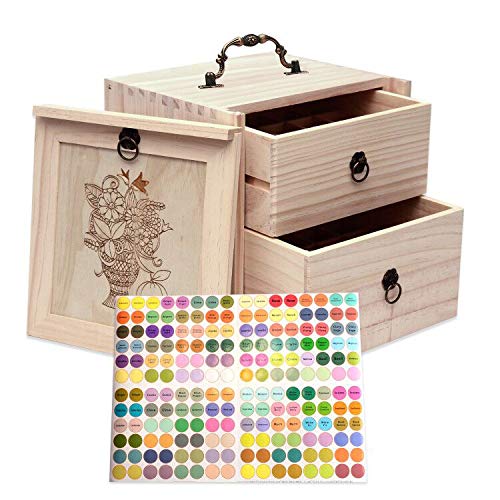 Essential Oil Storage Box for 40 Bottles -Removable Shelf Fits 5ml, 10ml, 15ml, 30ml Bottles, Wooden Nail Polish Organizer With Handle Holds, Free EO Labels, Natural Wood