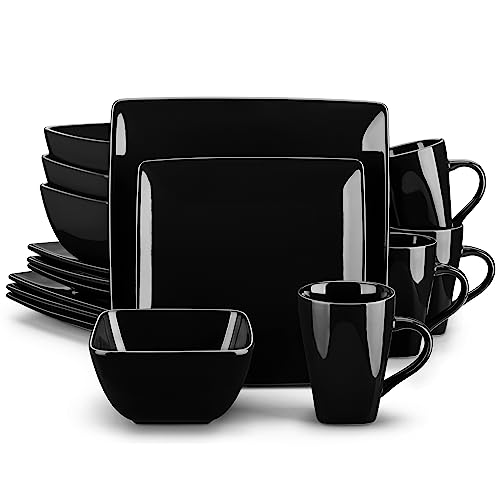 vancasso, Series SOHO, Stoneware Square Dinner Set Black 16 Piece Kitchen Dinnerware Service Plate Crockery Set with 16-Piece Dinner Plates, Dessert Plate,Bowls and Mugs, Service for 4