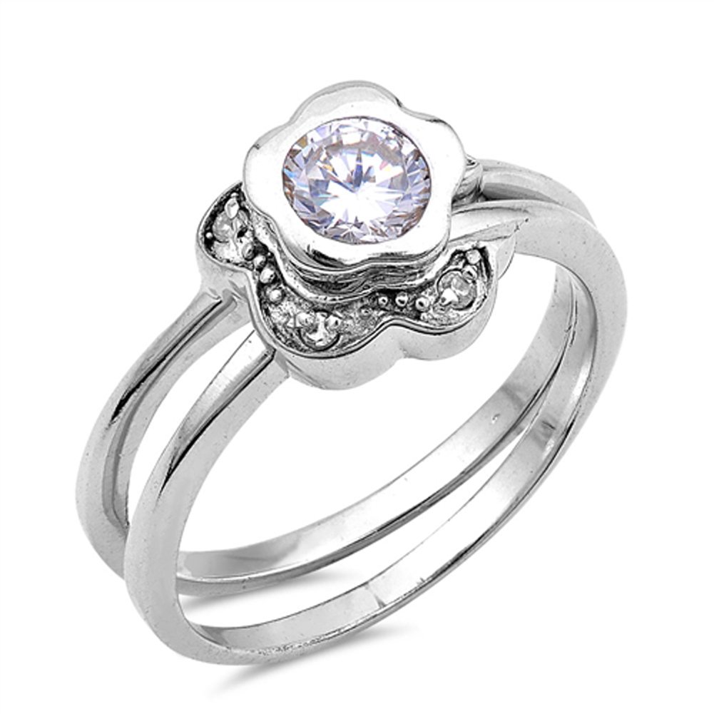 Flower Clear CZ Beautiful Wedding Ring Set .925 Sterling Silver Band Size 6