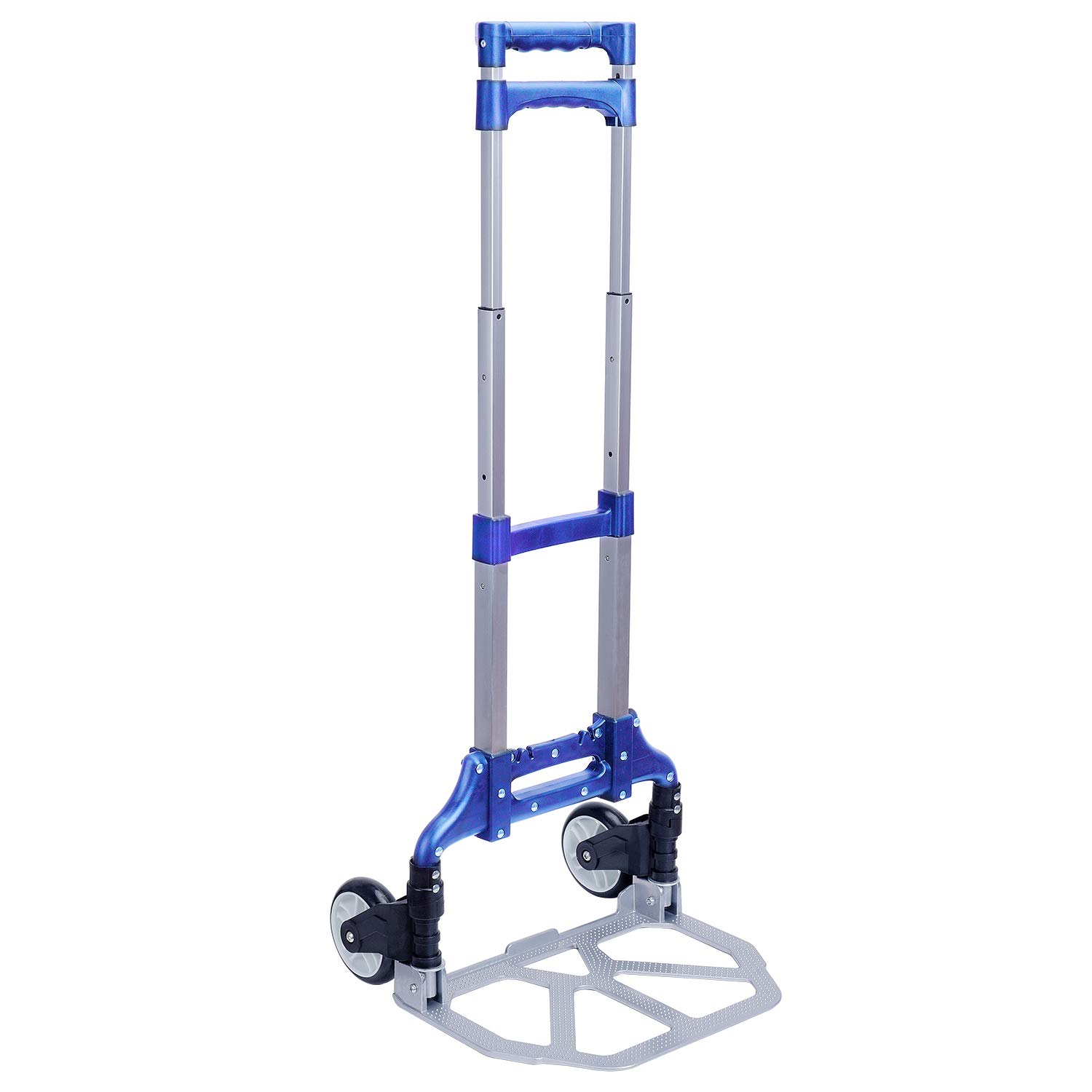Folding Hand Truck, Portable Aluminum Dolly Luggage Cart 165lbs Capacity with 2 Wheel, Folding Multi-use Carrier with Non-Skid Rubber Handle for Travel (Pure Blue)