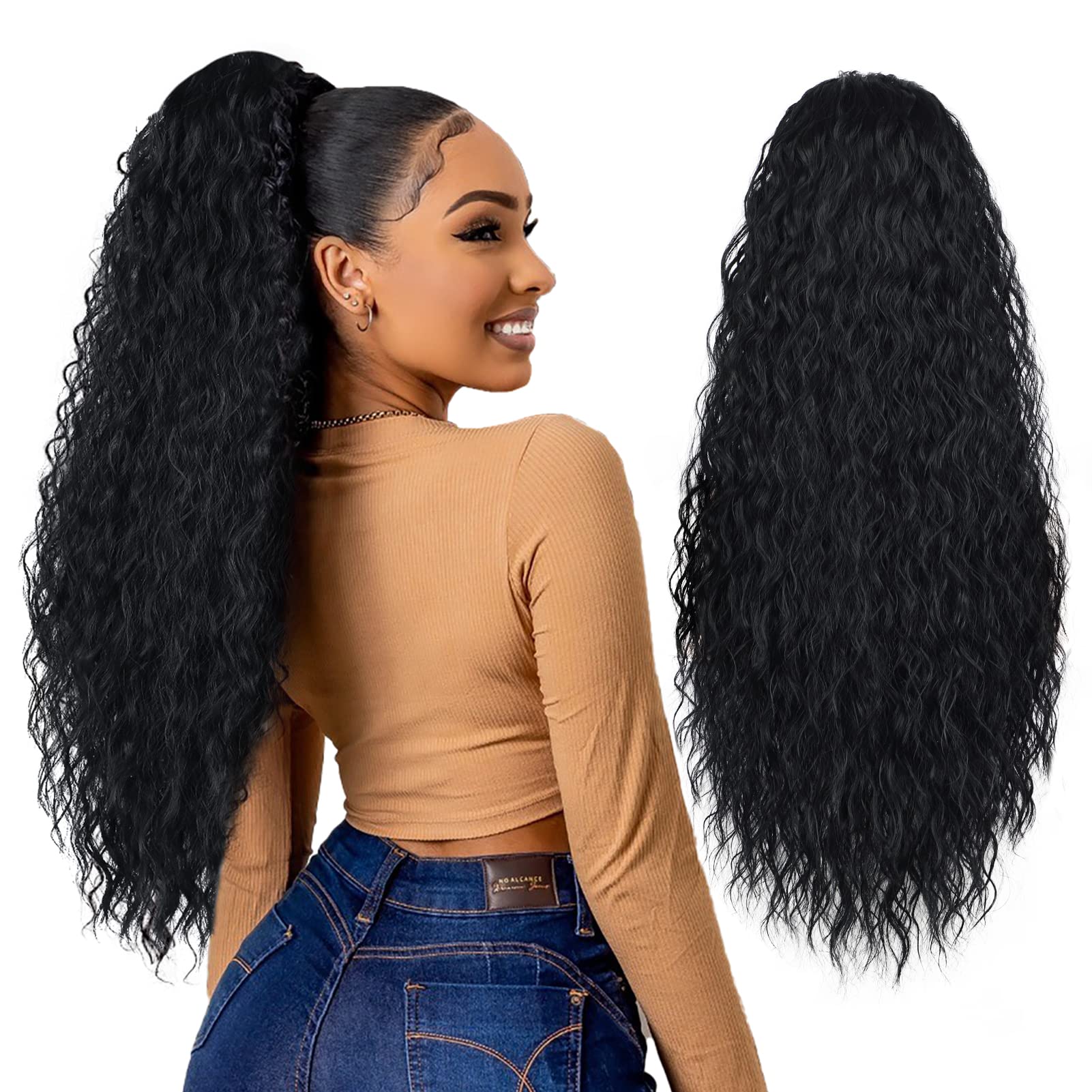 LNERATO Long Curly Drawstring Ponytail for Women 26" Black Curly Ponytail Hair Extension Synthetic Clips in Drawstring Ponytail for Daily Use (Natural Black)