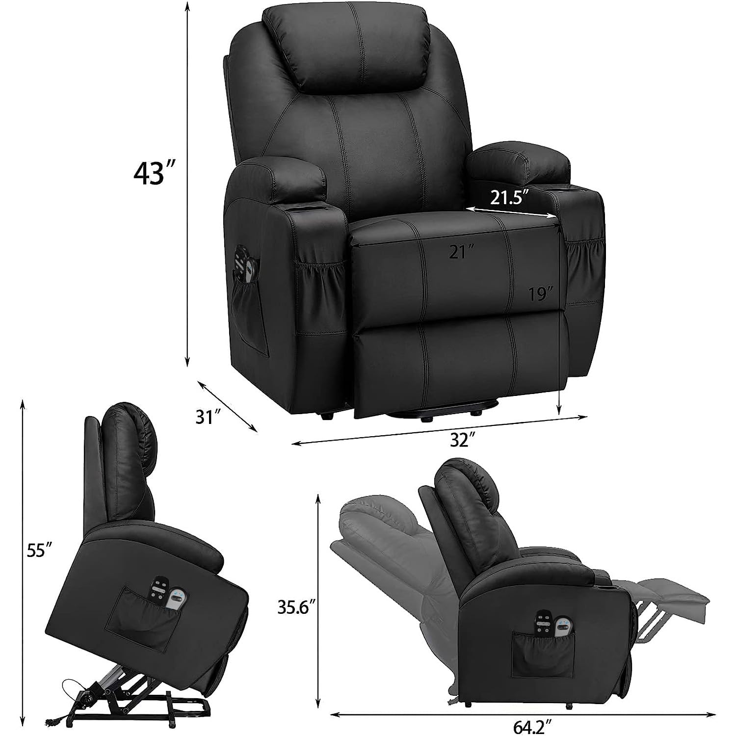 Flamaker Power Lift Recliner Chair PU Leather with Massage for Elderly Ergonomic Lounge Chair Classic Single Sofa with 2 Cup Holders Side Pockets Home Theater Seat (Light Black)