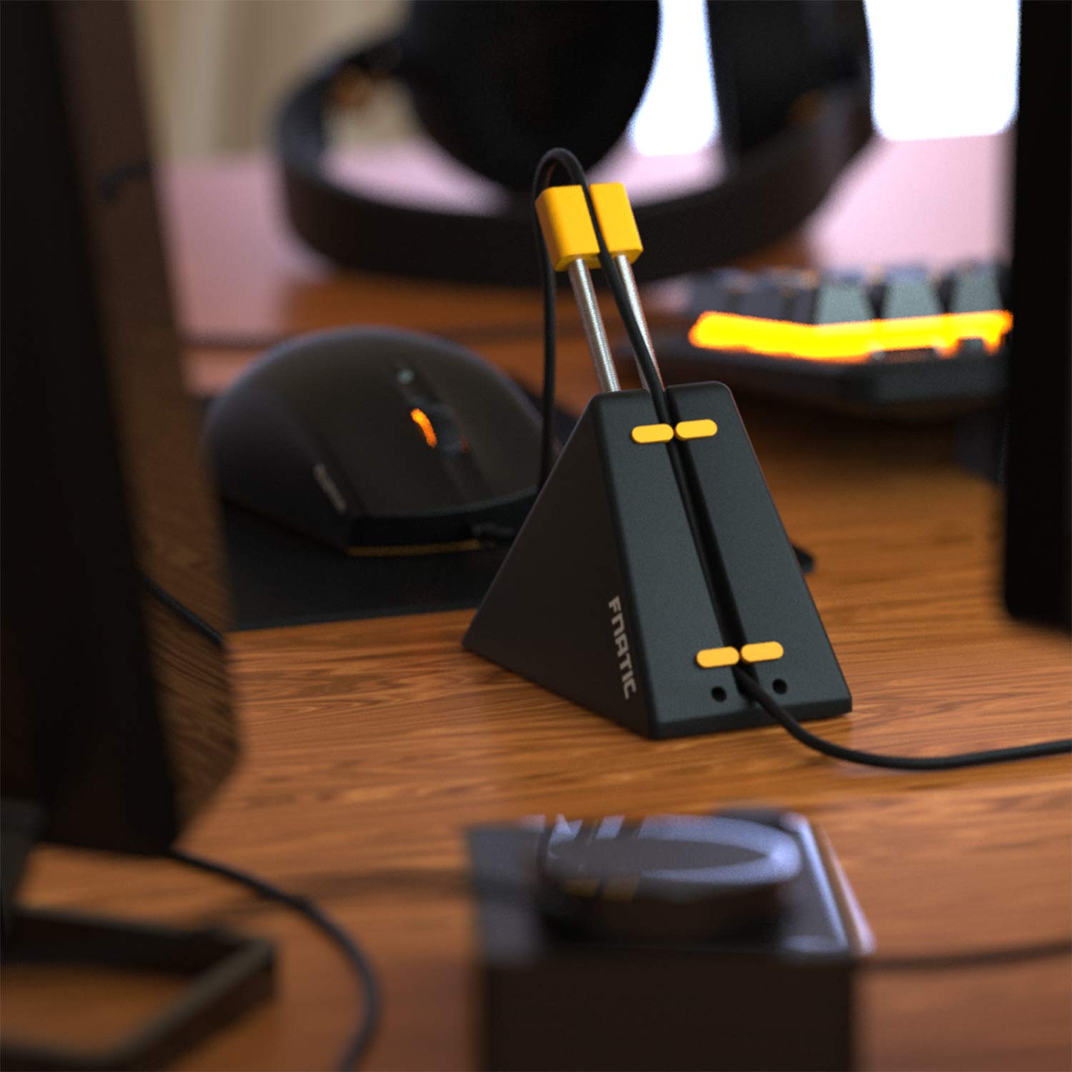 Fnatic Gaming Mouse Bungee Cable Management System for All Regular Mouse Cables, PC Mouse Cable Stand, Rubber Feet, Adjustable Spring, Black/Orange, 240g, 3.82 x 2.17 x 2.80