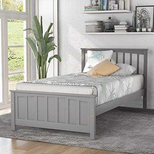 ZJIAH Twin Size Solid Wood Platform Bed Frame with Headboard and Footboard, Single Bed Wooden Slat Support for Teens Adult Bedroom Guest Room, Space Saving, No Box Spring Need, Gray