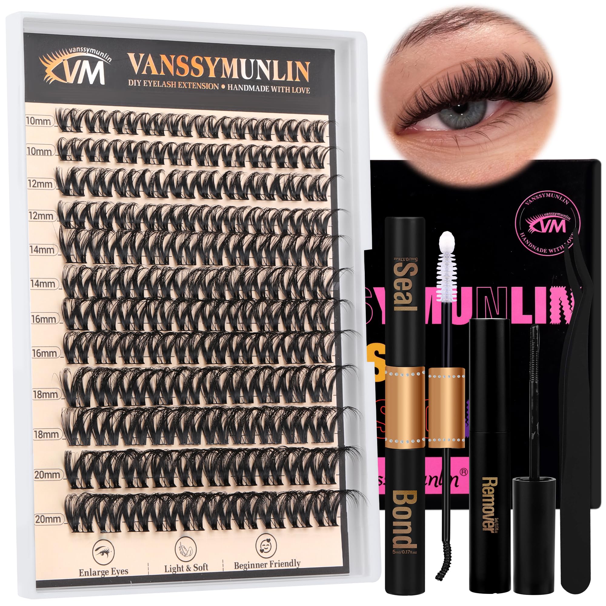 Eyelash Extension Kit Lash Clusters D Curl Lash Extension Kit Fluffy Individual Lashes Kit with Lash Bond and Seal and Applicator Lash Remover for DIY Lash Extension at home (D-10-20MM)
