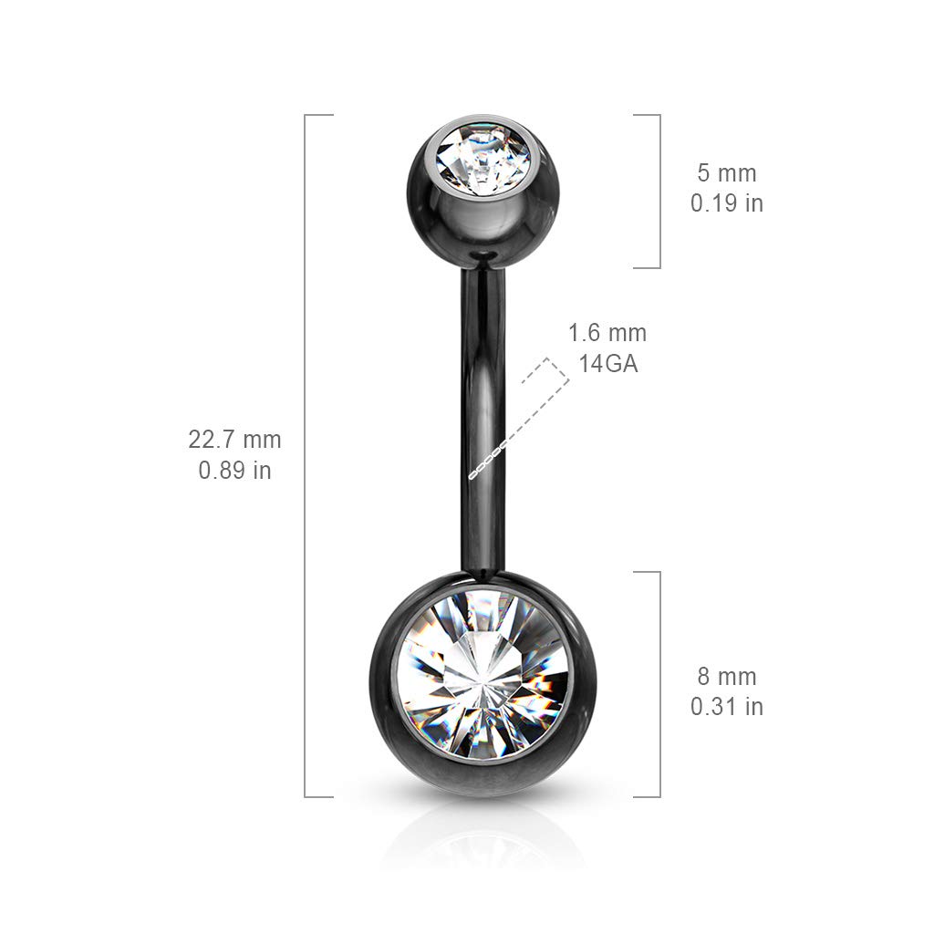 FIFTH CUE 14G Black Titanium Double Cubic Zirconia Barbell Navel Ring (RED)