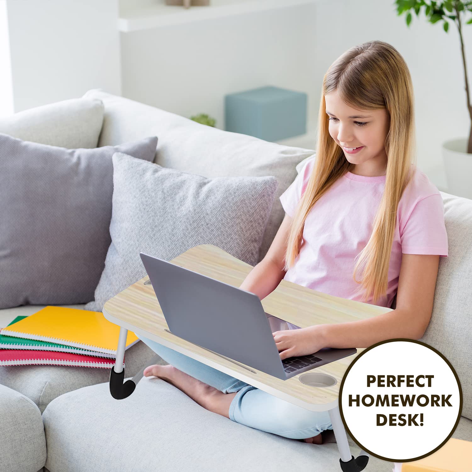 Folding Lap Desk for Bed and Sofa - Portable Wide Surface Bed Desk with Built-in Cup Holder and Tablet or Phone Slot for Working, Studying, Eating, and Watching Movies (Beige)