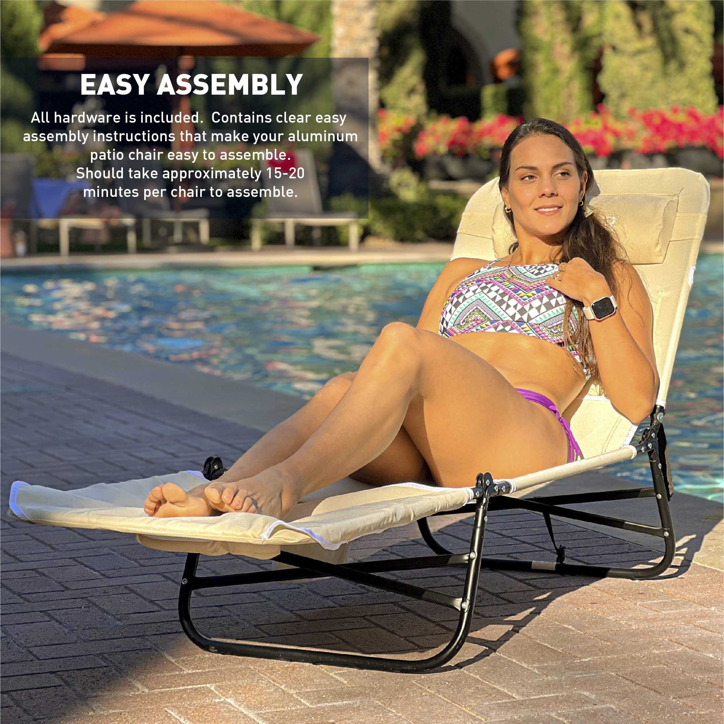Face Down Tanning Chaise Lounge Chair - Face & Arm Holes - 2 Legs Support - Polyester Material – Backrest Positions - Head Rest Pillow - Beach or Home Use - Read and Tan - Tan Stripes Pattern