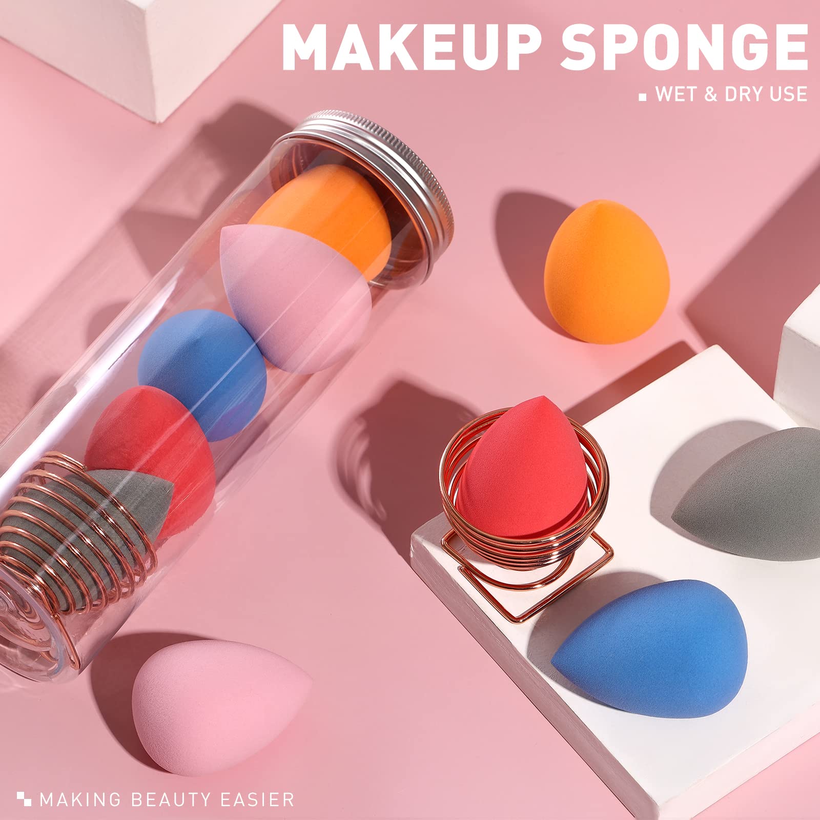 Makeup Sponge Set 5 Pcs Makeup Blenders Latex Free Beauty Sponges Blending for Cream Liquid Foundation Powder Cosmetic with Sponge Holder, Wet & Dry Use.