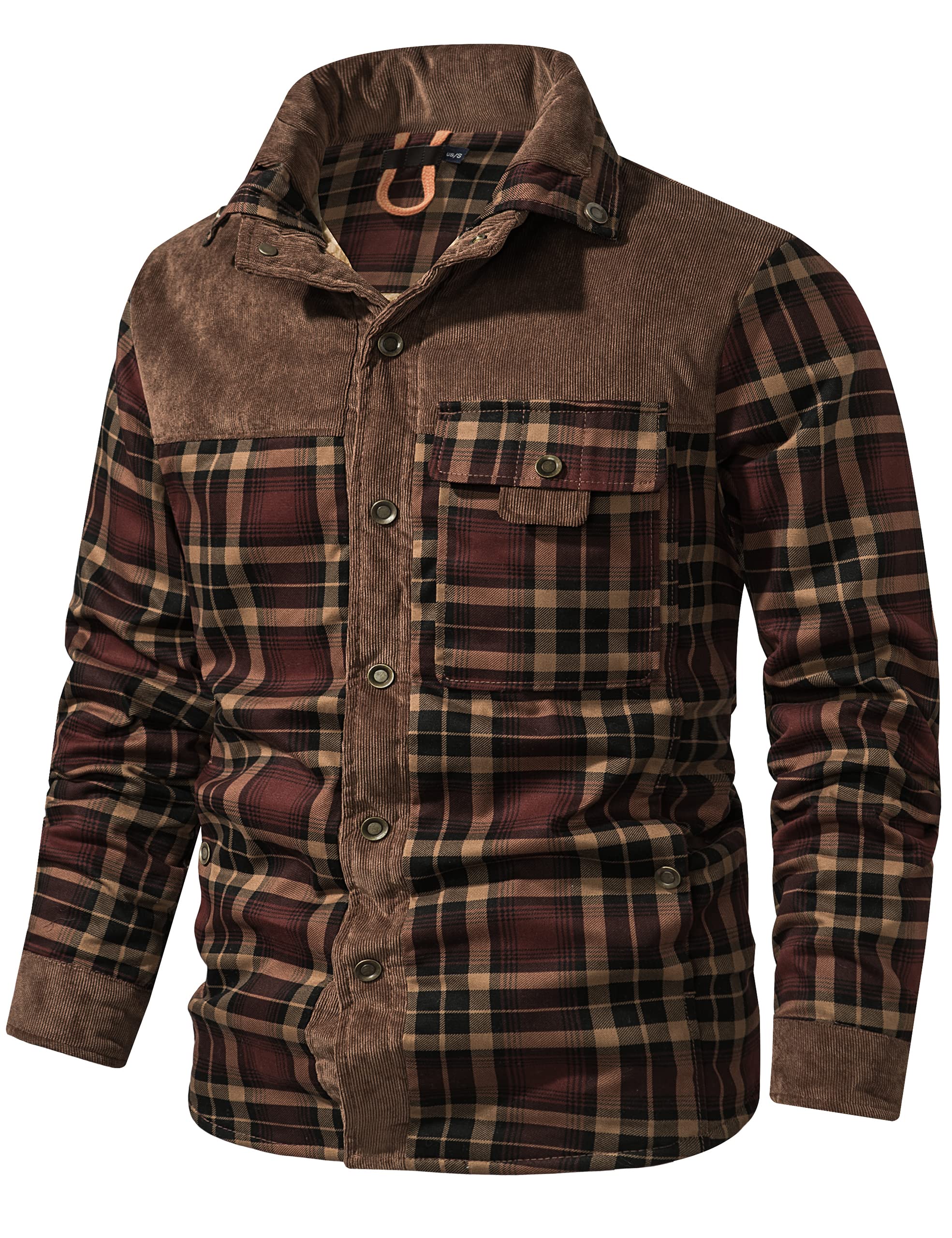 Flygo Men's Outdoor Casual Vintage Buck Fleece Sherpa Lined Flannel Camp Plaid Shirt Jacket(Coffee-M)
