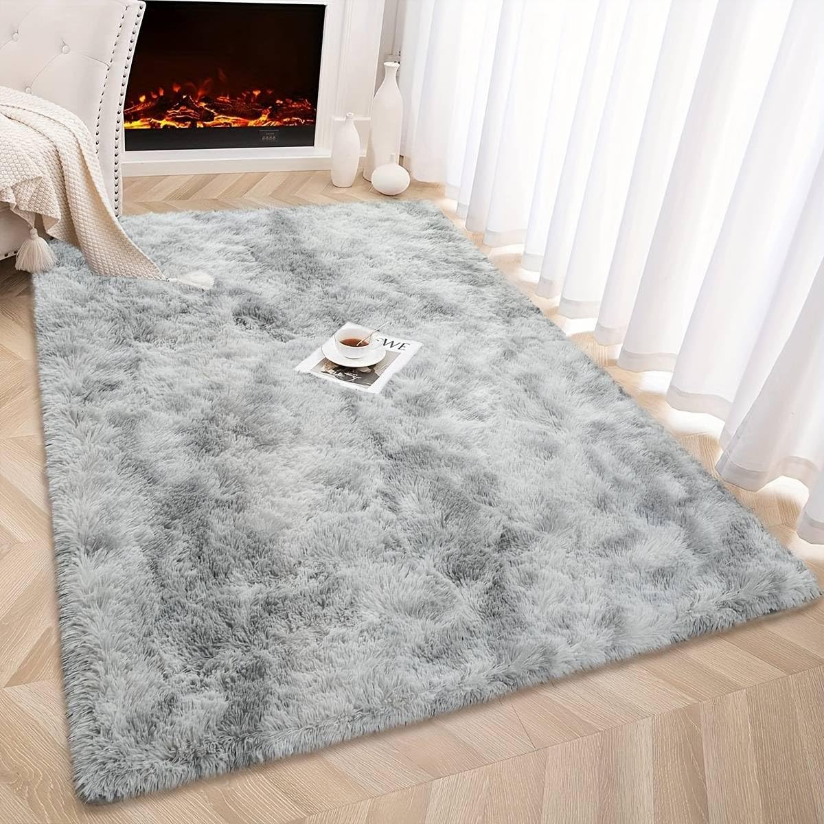 Floralux 5x7 Rugs Light Gray Tie-dyed, Shag Area Rugs 5x7 for Bedroom, Fluffy Carpets Rugs for Living Room, (5x7 Ft., Tie-dyed Light Gray)