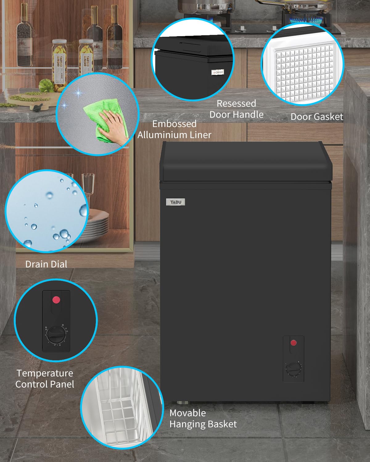 TABU 3.5 Cu Ft Chest Freezer, Deep Freezer with Removable Storage Basket, Top Open Door Small Chest Freezer with 7 Level Adjustable Temperature, Compact Freezer with Top Open Door (Black)