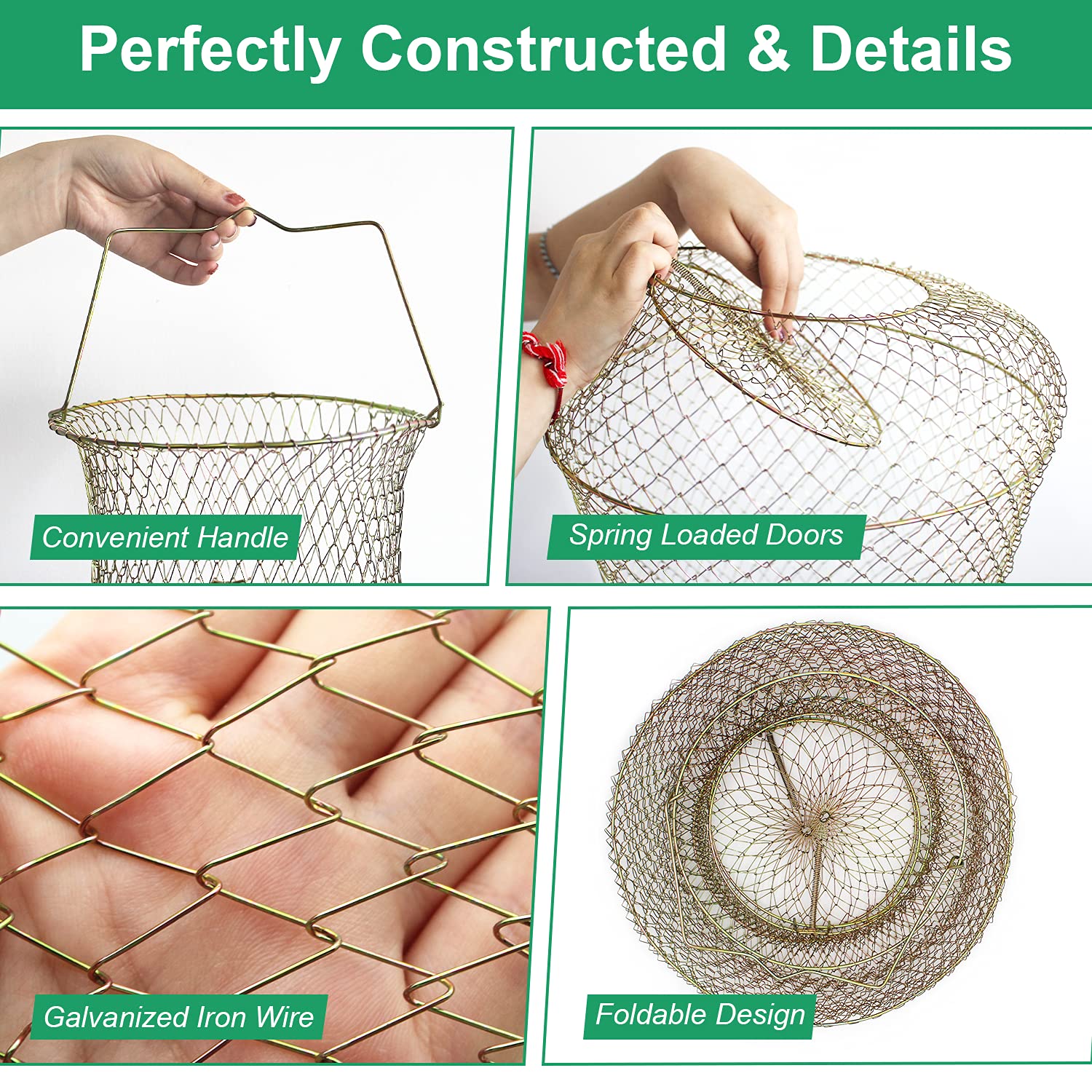 FishingPepo 15inch Galvanized Steel Wire Crab Basket, with Handle Foldable Fshing net cage is Strong and Easy to use for Outdoor Crab Angling Tackles Fish Protection (Approximately 38cm)