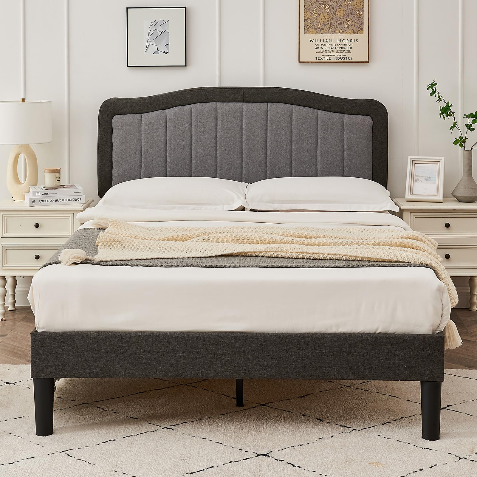 EZKozzy Full Bed Frame Upholstered Platform with Headboard and Strong Wooden Slats, Strong Weight Capacity, Non-Slip and Noise-Free,No Box Spring Needed, Easy Assembly, Grey Full Bed (Combo Grey)