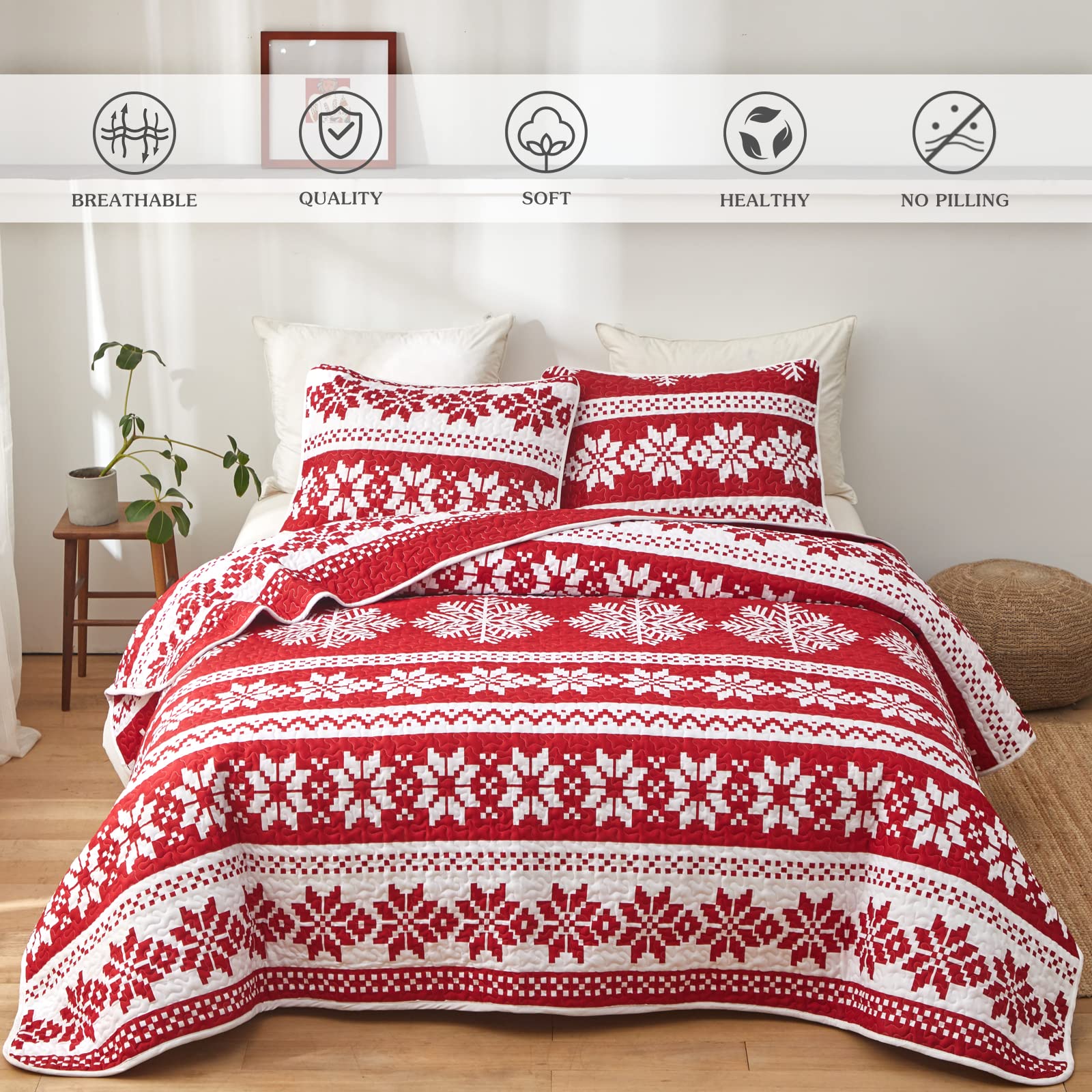 Flysheep Christmas Quilt Set Queen, Soft Microfiber Holiday Lightweight Bedspread Coverlet Bedding Set - Red & White Snowflake Printed