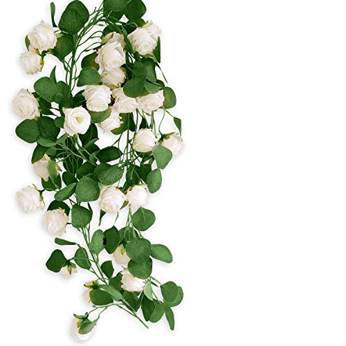 FRUNZE Eucalyptus Garland with White Roses - Artificial Vine Decoration for Home, Kitchen, Garden & Furniture - Charming Wall Backdrop for Weddings, Parties, & Events - Rustic Ornament, 2 Meters Long