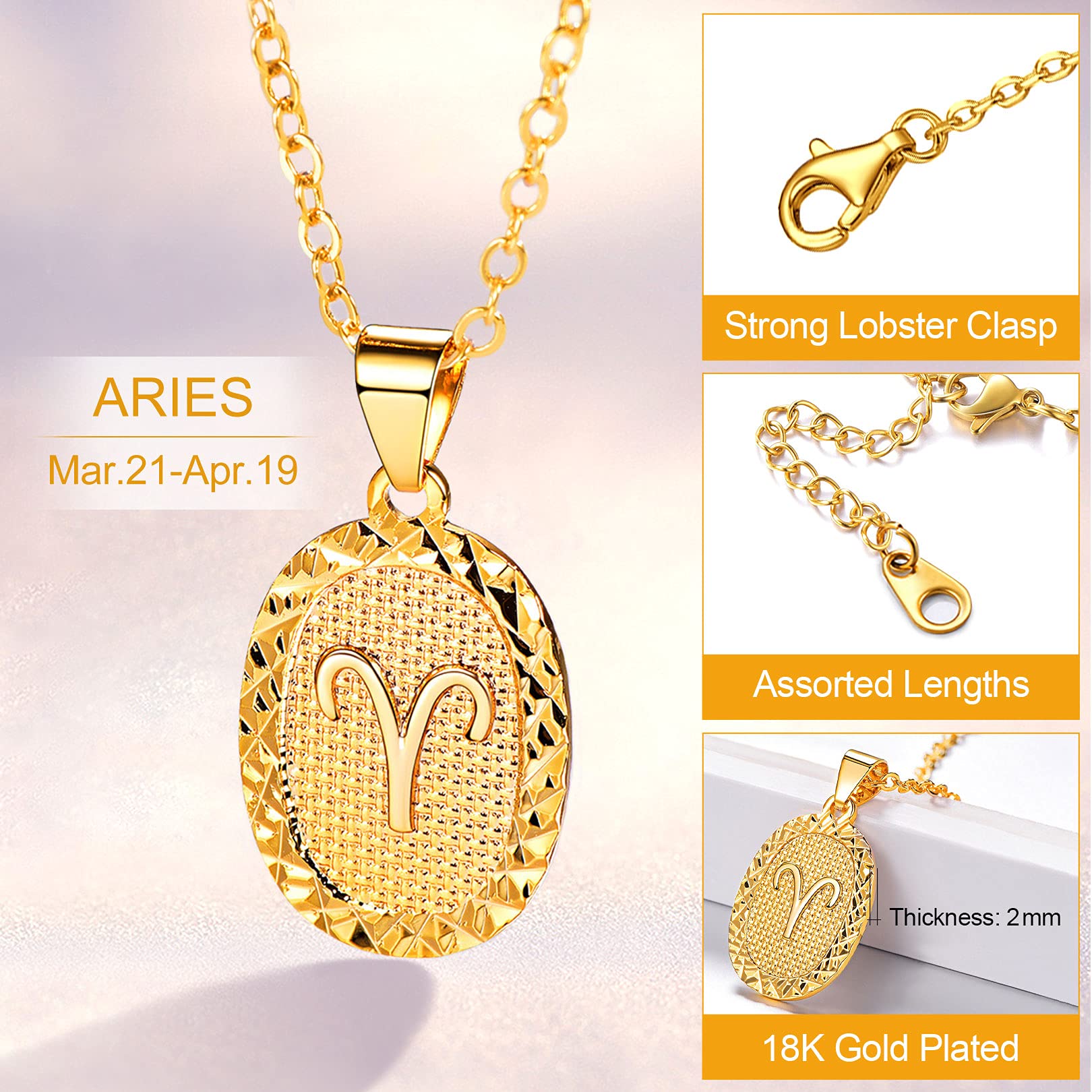 FOCALOOK Custom Aries Gold Necklace for Women Oval Shaped Carved Medallion Constellation Zodiac Sign Jewelry 20-22"