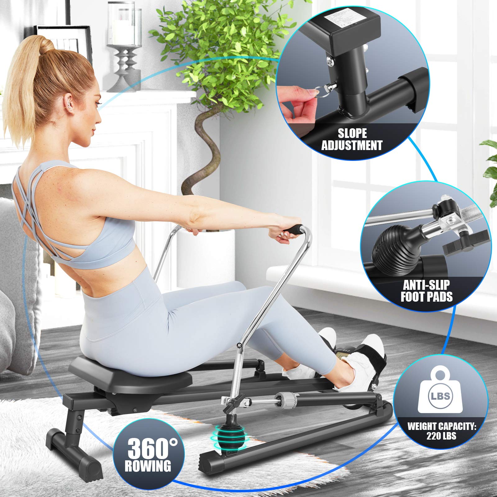 FUNMILY Rowing Machines for Home Use, Foldable Rowers, Exercise Equipment Cardio Training Fitness with 12 Level Smooth Hydraulic Resistance Black