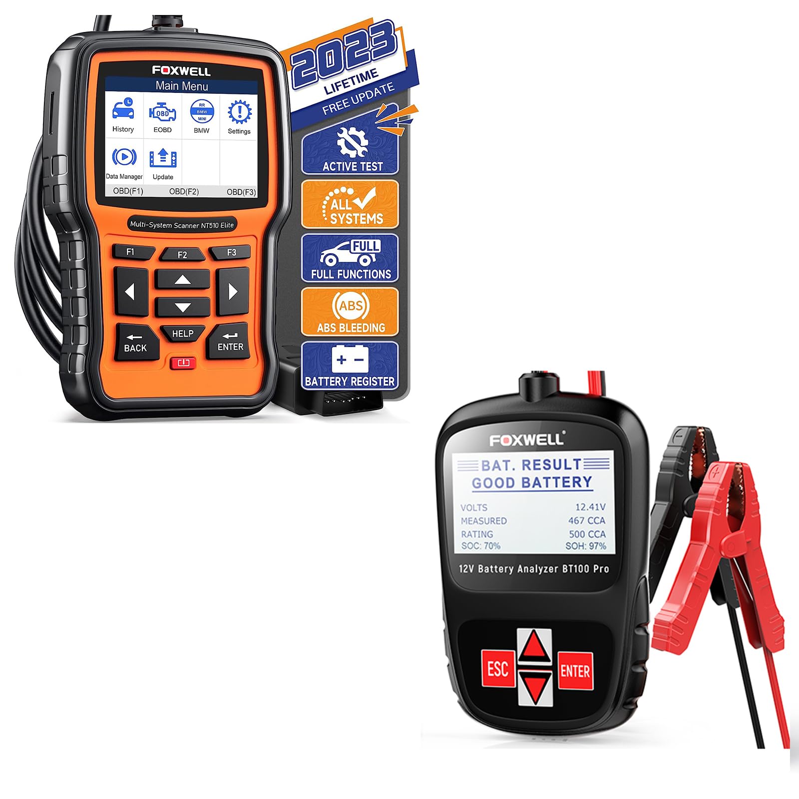 FOXWELL NT510 Elite Fit for BMW OBD2 Scanner + FOXWELL BT100 Battery Tester for 12V Car Batteries