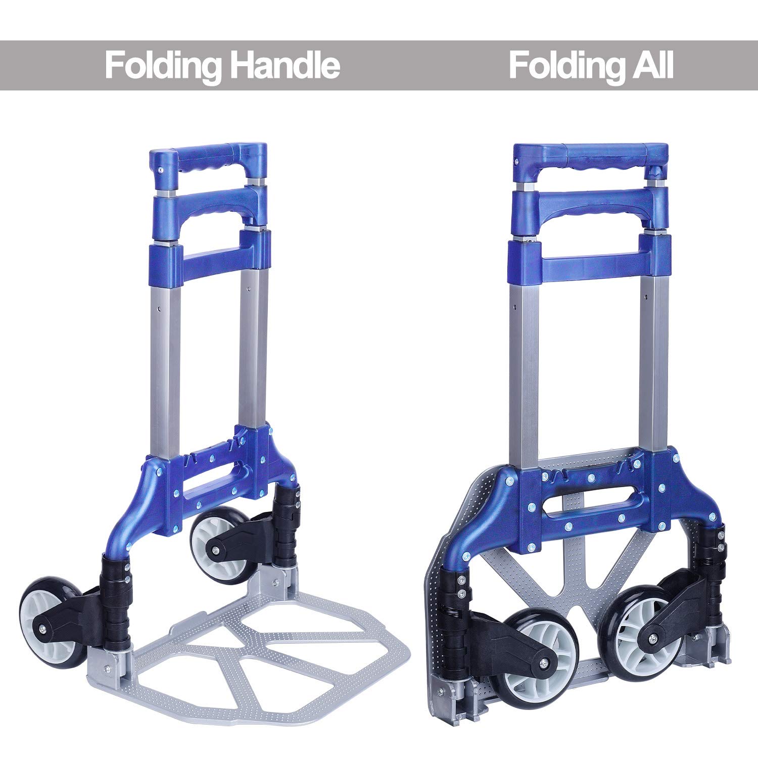 Folding Hand Truck, Portable Aluminum Dolly Luggage Cart 165lbs Capacity with 2 Wheel, Folding Multi-use Carrier with Non-Skid Rubber Handle for Travel (Pure Blue)
