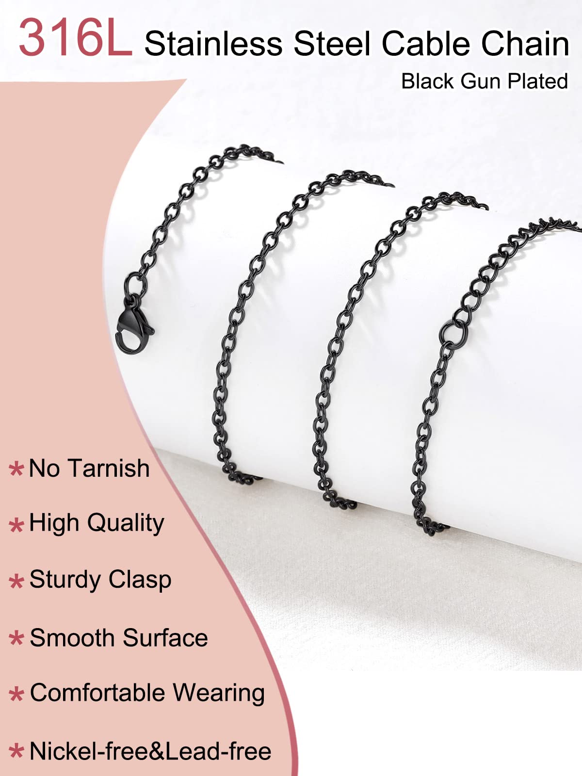 FOCALOOK Black Necklace Chain for Women 2mm 18 Inch Stainless Steel Rolo Cable Chain